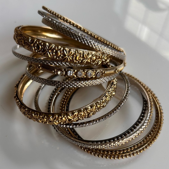 Jewelry | Silver And Gold Bangle Set Of 15 Of Various Designs | Poshmark